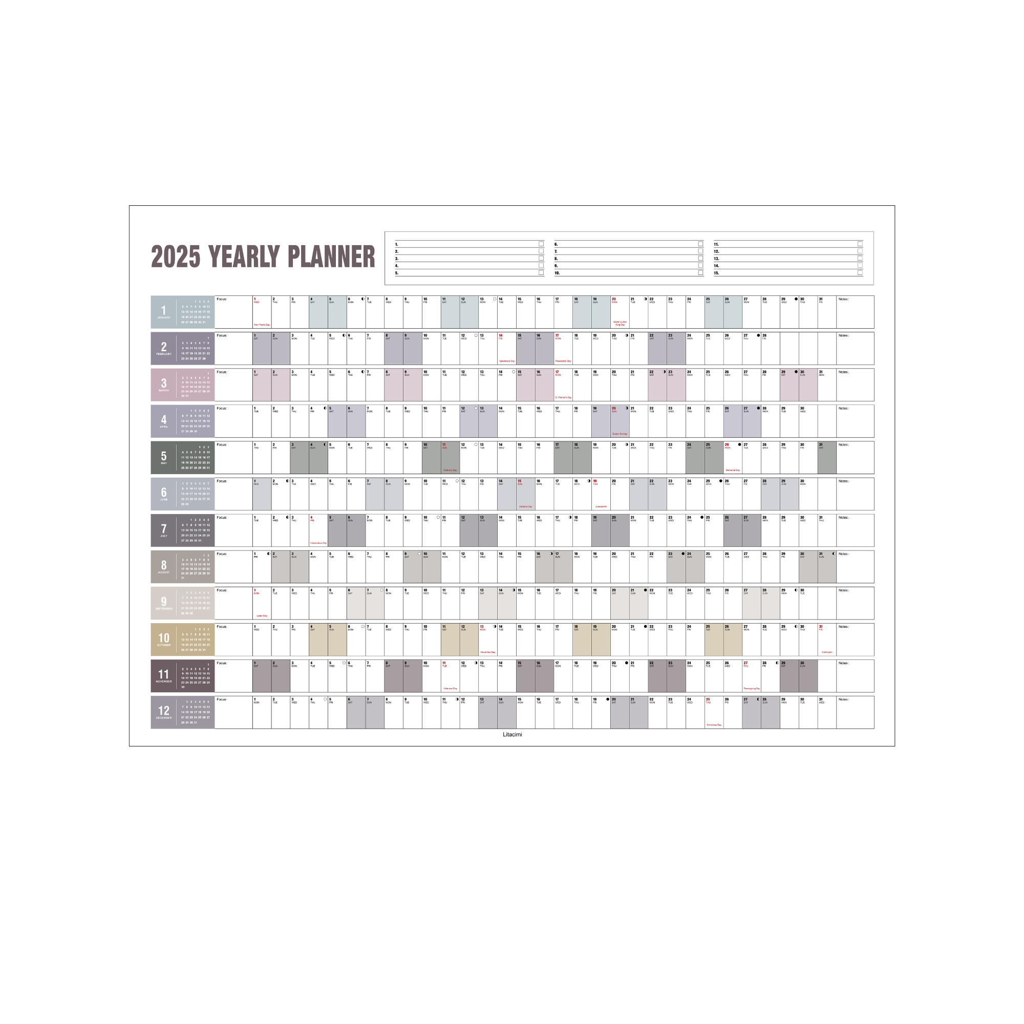 Yearly Wall Calendar with Holidays, Full Year Calendar One Page, Annua ...